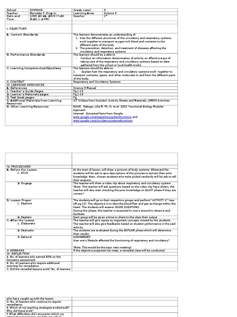 7es New DLL Grade 9 Science | PDF | Circulatory System | Teachers