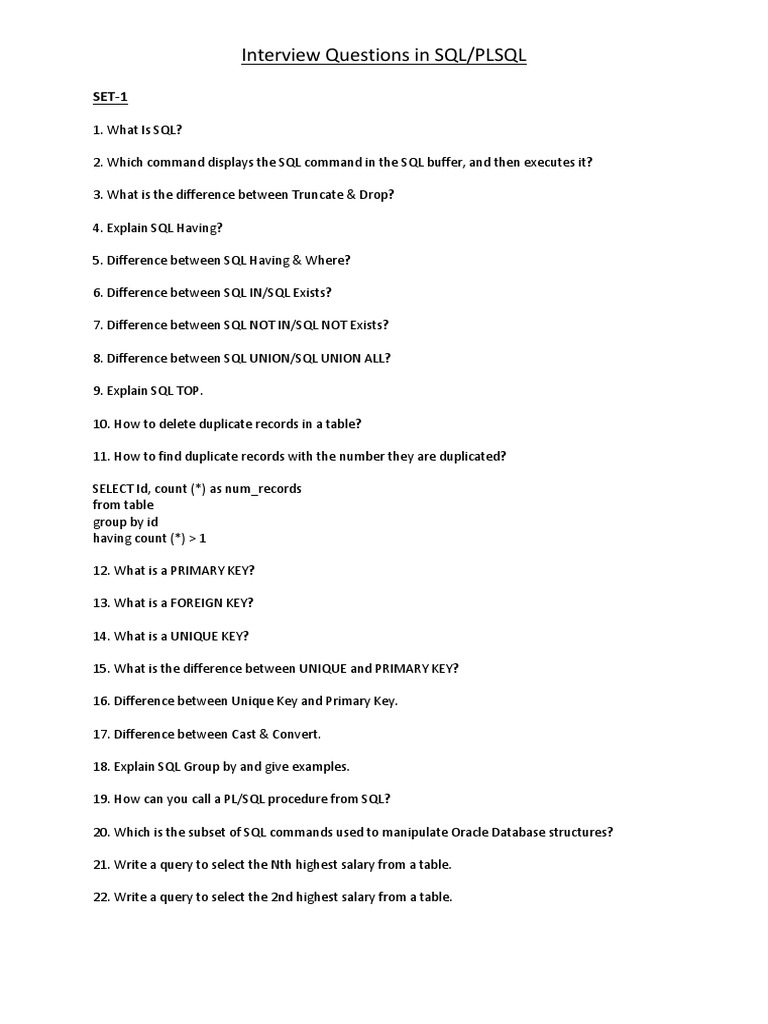 Interview Questions in SQL/PLSQL | Download Free PDF | Pl/Sql | Table (Database)