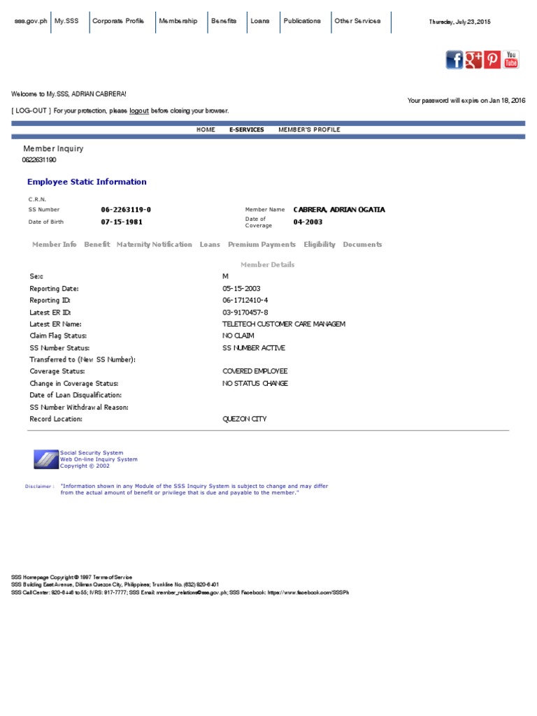 Adrian Cabrera SSS Static Information | PDF