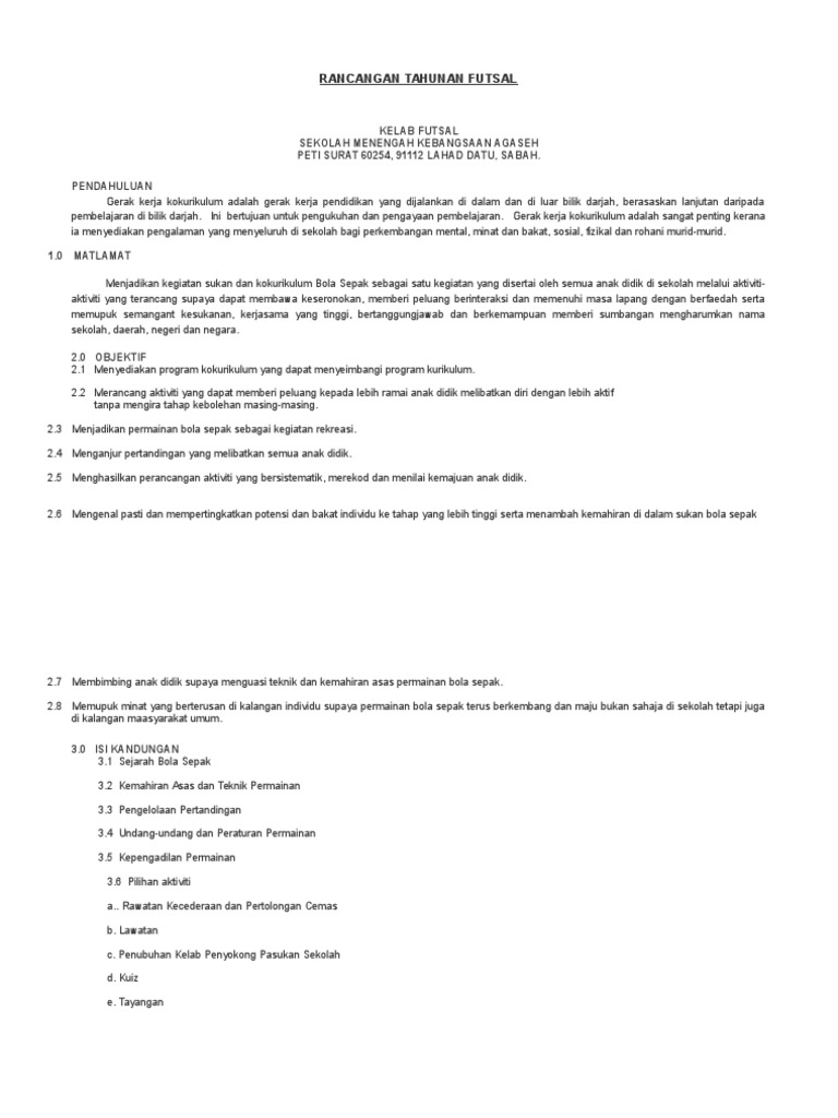 Rancangan Tahunan Futsal SMK Agaseh | PDF