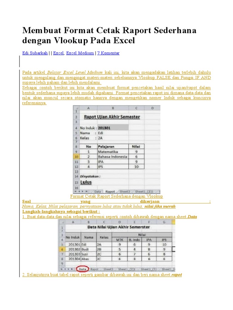 Membuat Format Cetak Raport Sederhana Dengan Vlookup Pada Excel | PDF