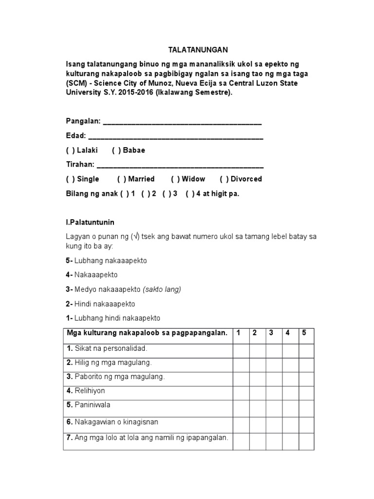 Talatanungan Sa Pananaliksik | PDF