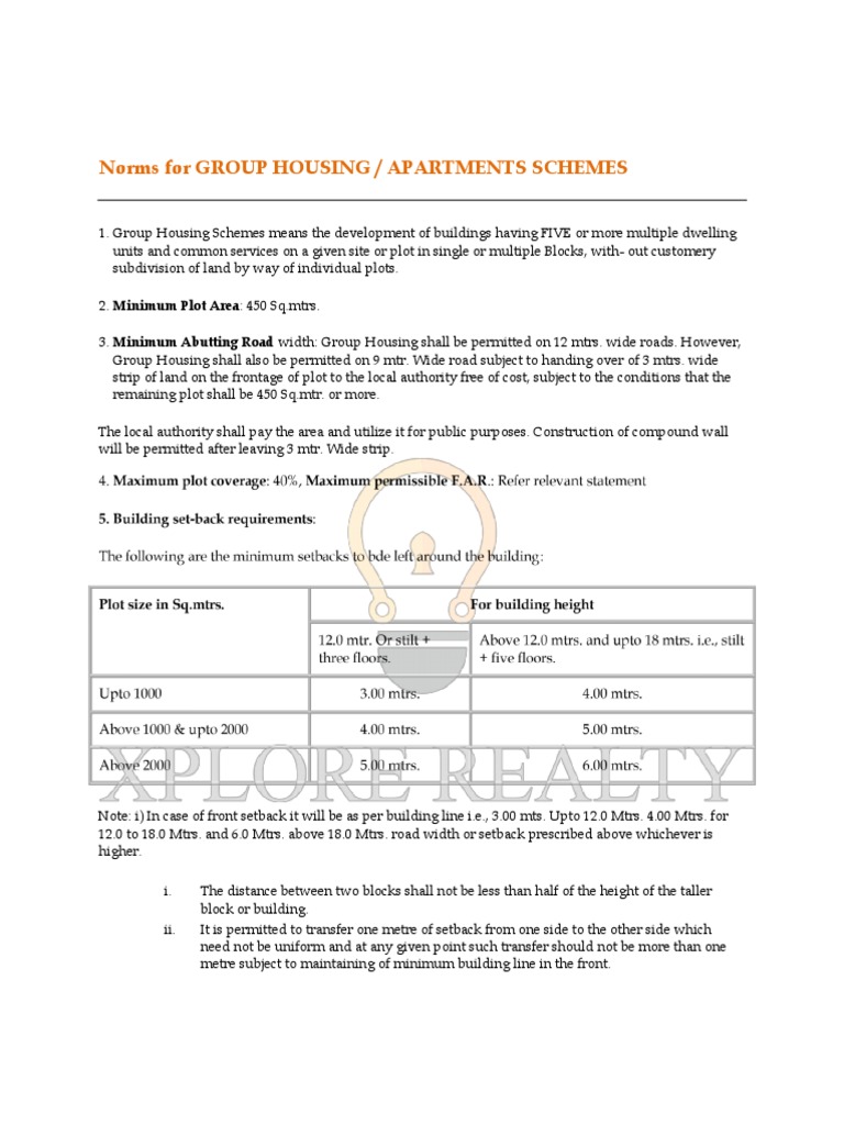 Norms For Group Housing / Apartments Schemes | PDF