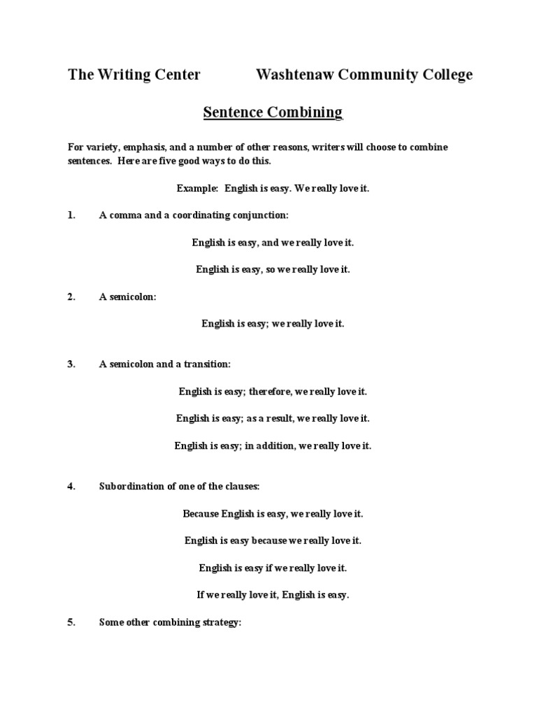 The Writing Center Washtenaw Community College Sentence Combining | PDF