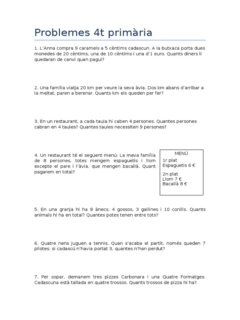 Problemes 4t Primària | PDF