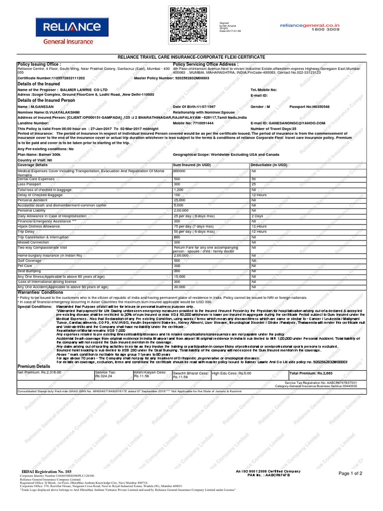 Reliance Travel Care Insurance-Corporate Flexi Certificate Policy ...