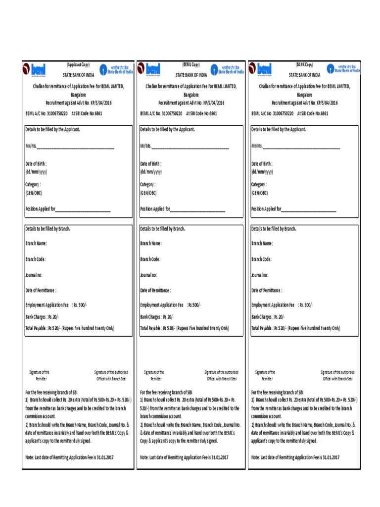 Beml Sbi Challan Gate 2017 | PDF | Economy Of Asia | Financial Services