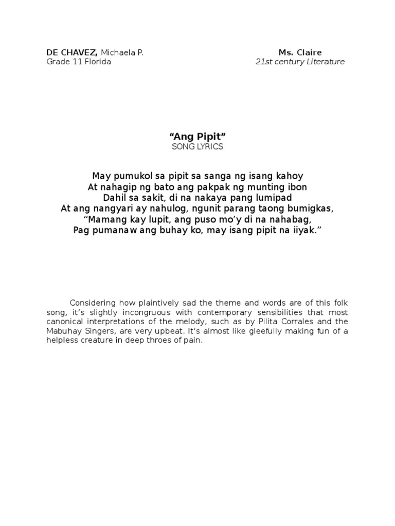 May Isang Pipit Na Iiyak Meaning | ngisingsang