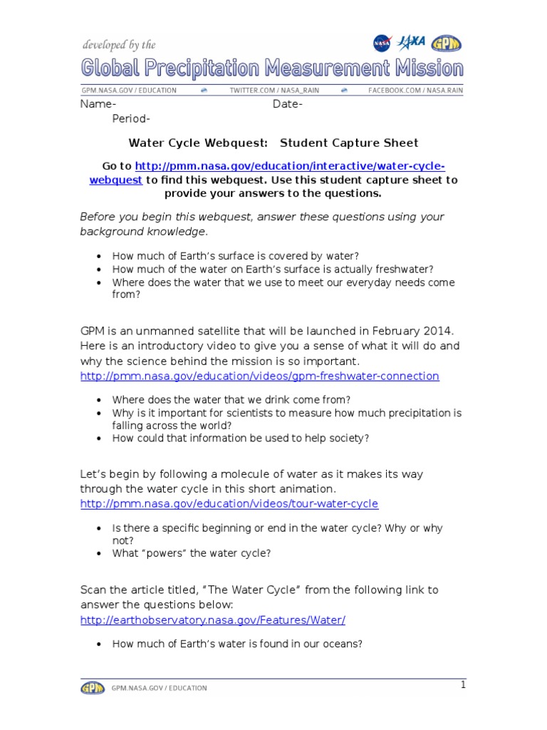 Water Cycle Webquest Student Capture Sheet | Download Free PDF | Water ...