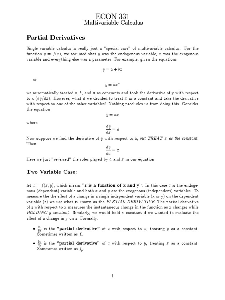 Partial Derivatives in Multivariable Calculus | PDF
