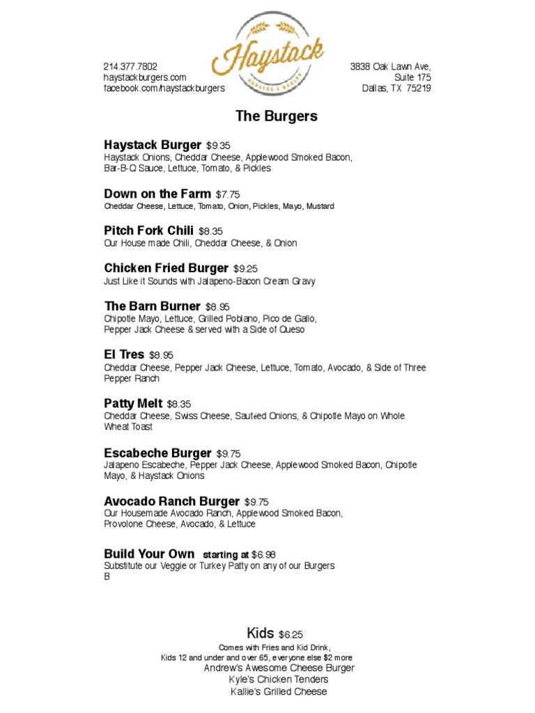 Haystack Burger Barley Turtle Creek Dallas Menu PDF | PDF
