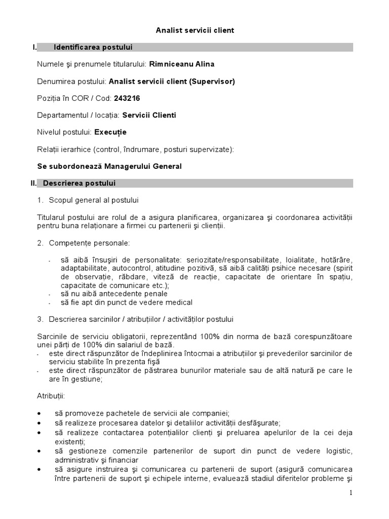 Fisa Postului Pentru Analist Servicii Client