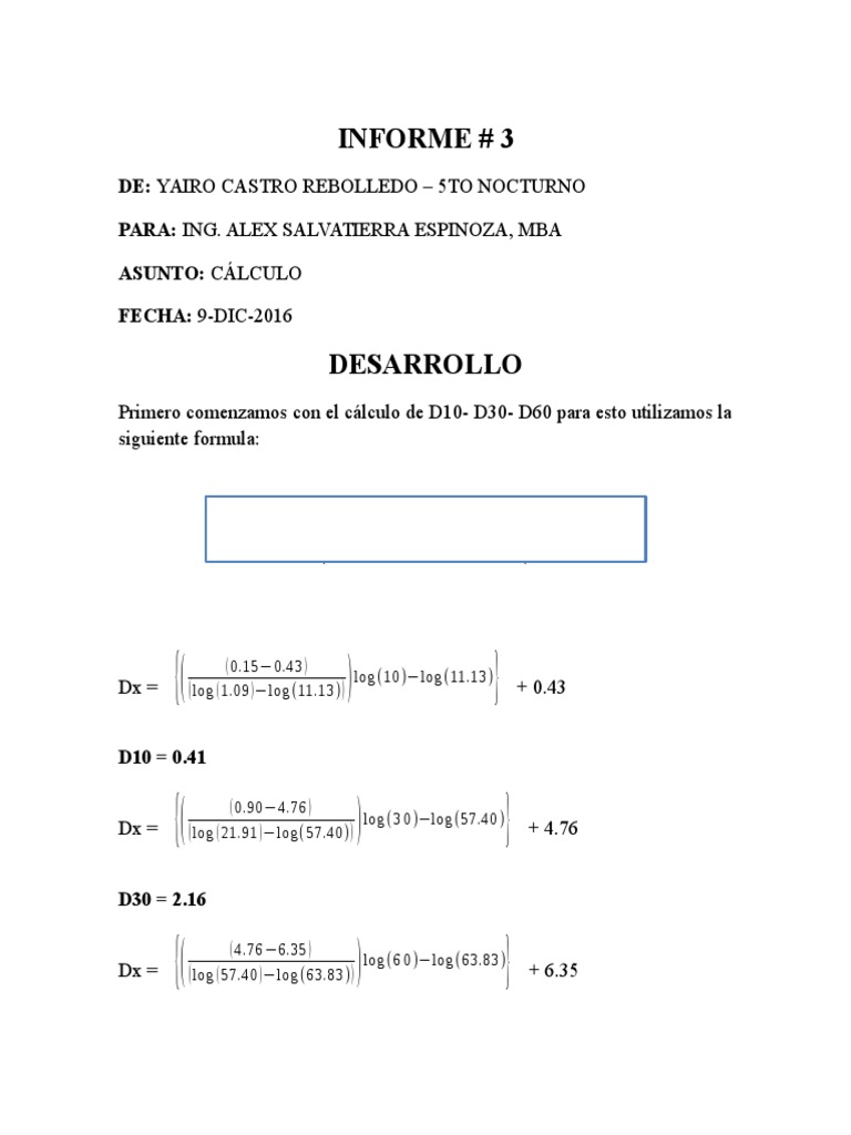 Calculo de D10 D30 D60 Cu CC MF | PDF