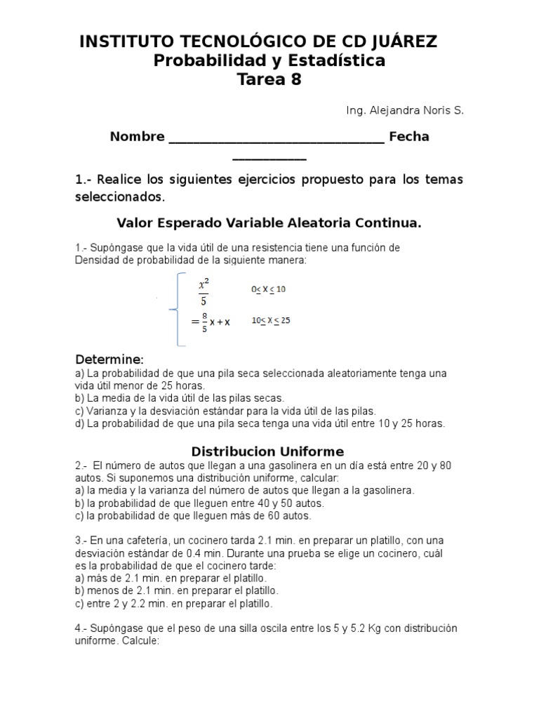Probabilidad y Estadistica Tarea # 8 | PDF | Probabilidad | Teoría de ...