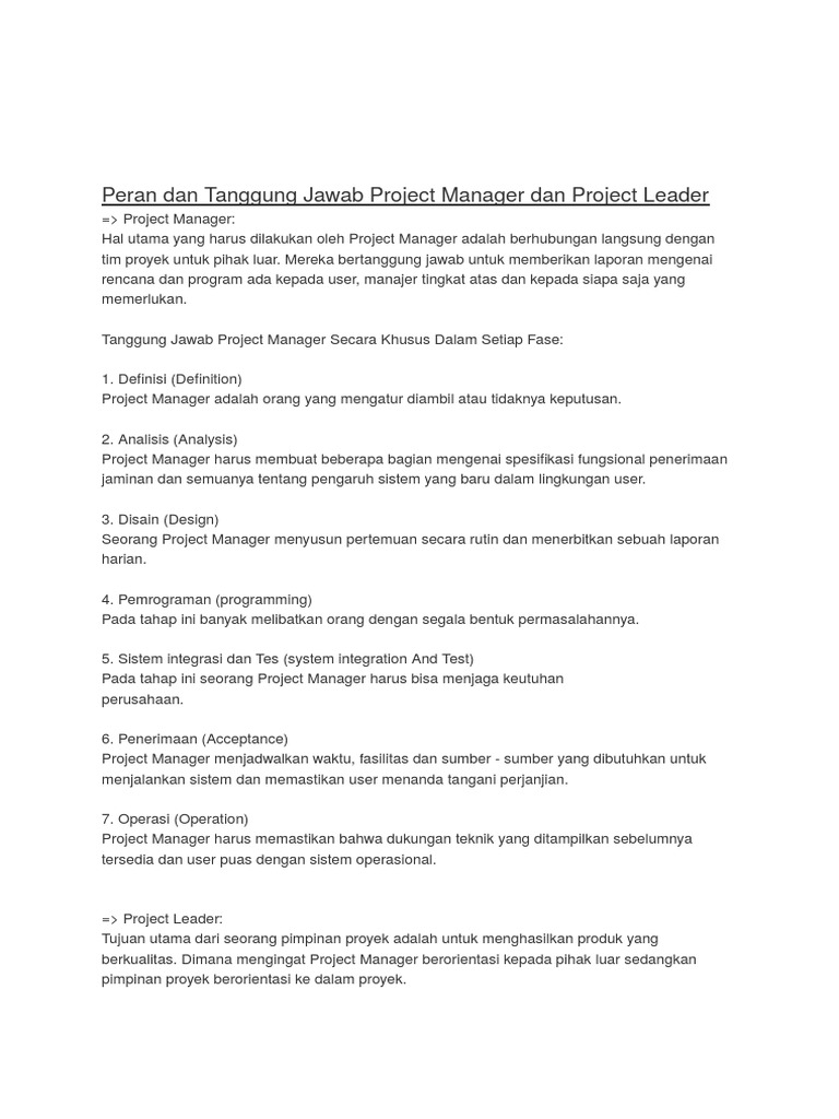 Peran Dan Tanggung Jawab Project Manager Dan Project Leader | PDF