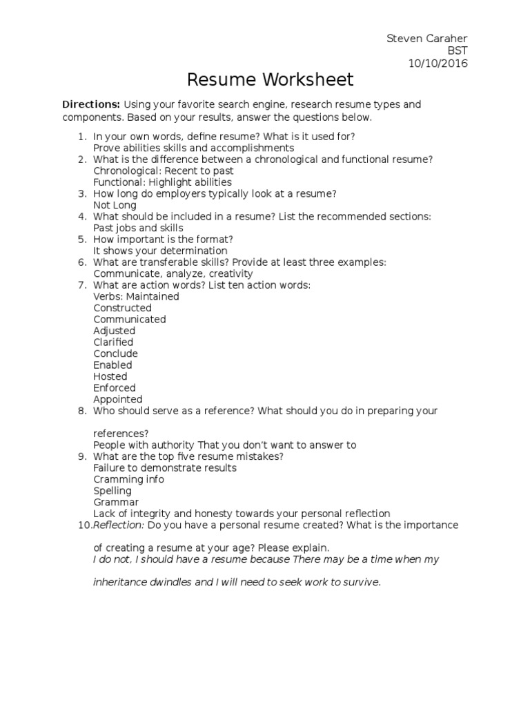 Resume Worksheet: Directions: Using Your Favorite Search Engine ...