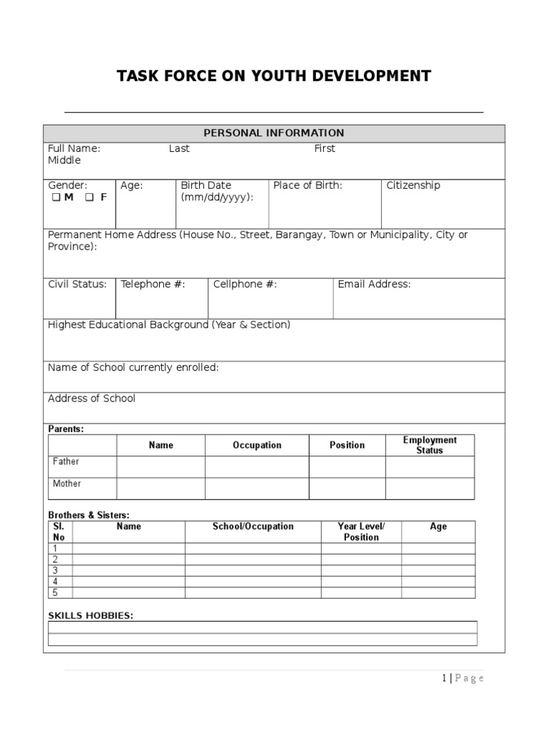 Task Force On Youth Development: Personal Information | PDF