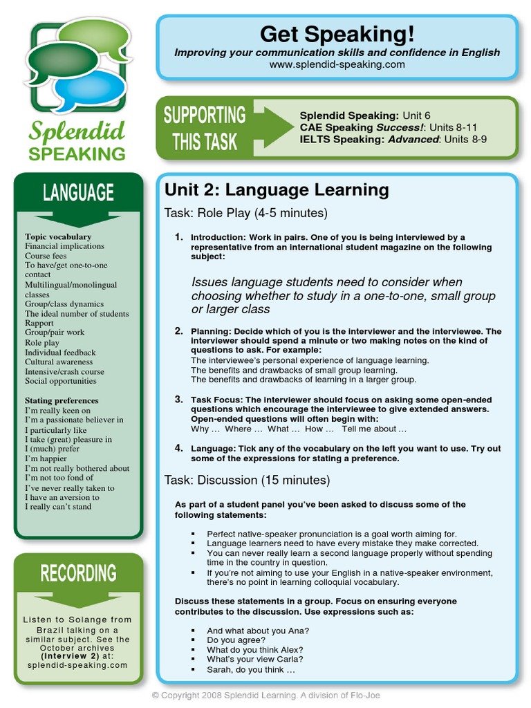 Get Speaking!: Unit 2: Language Learning | PDF | English Language | Multilingualism