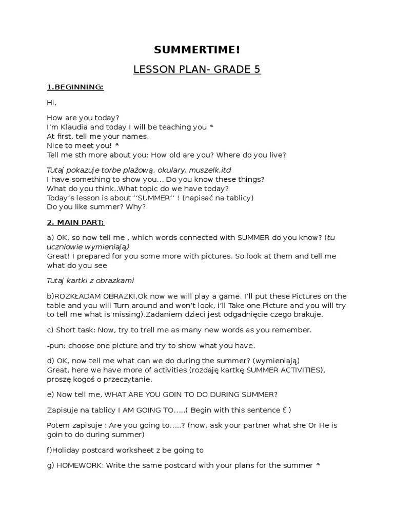 Lesson Plan-Grade 5: Summertime! | PDF