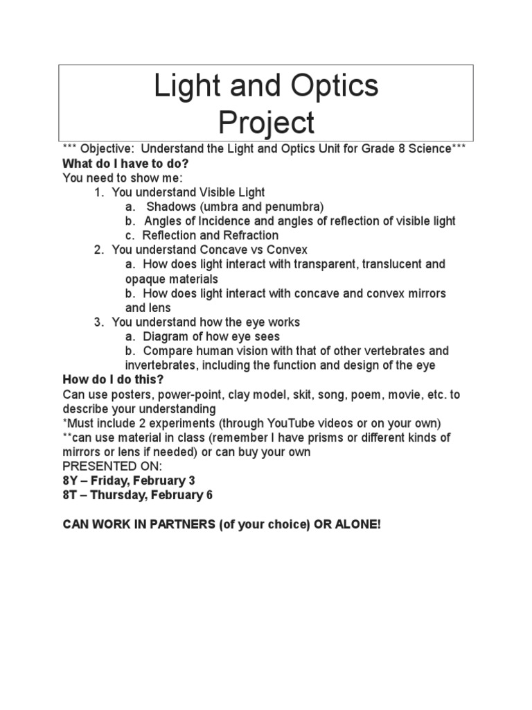 Light and Optics Project | PDF