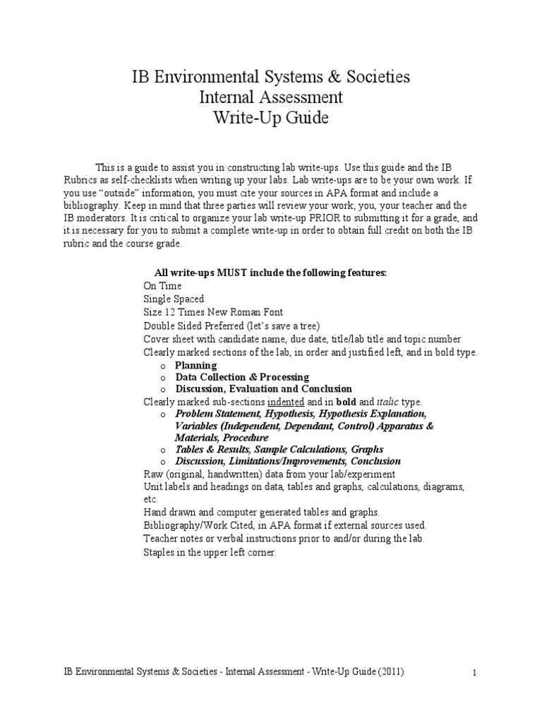 IB Environmental Systems & Societies Internal Assessment Write-Up Guide ...