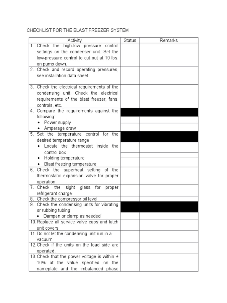Checklist For The Blast Freezer System | PDF