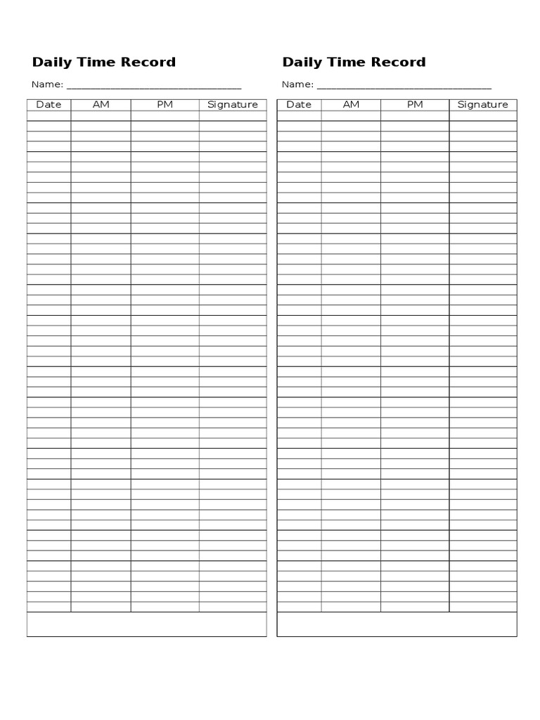 Daily Time Record Daily Time Record: Date AM PM Signature Date AM PM ...