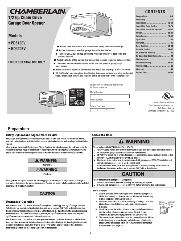1/2 HP Chain Drive Garage Door Opener Models: - PD612EV - HD420EV | PDF ...