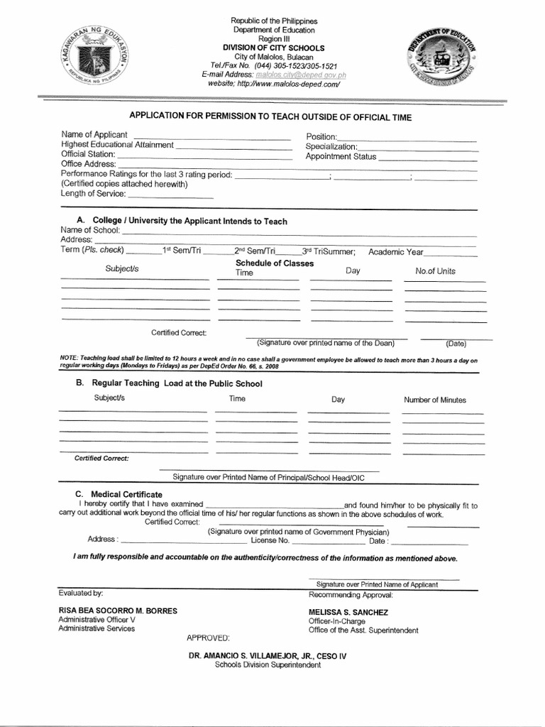 Application For Permission To Teach Outside of Official Time PDF | PDF