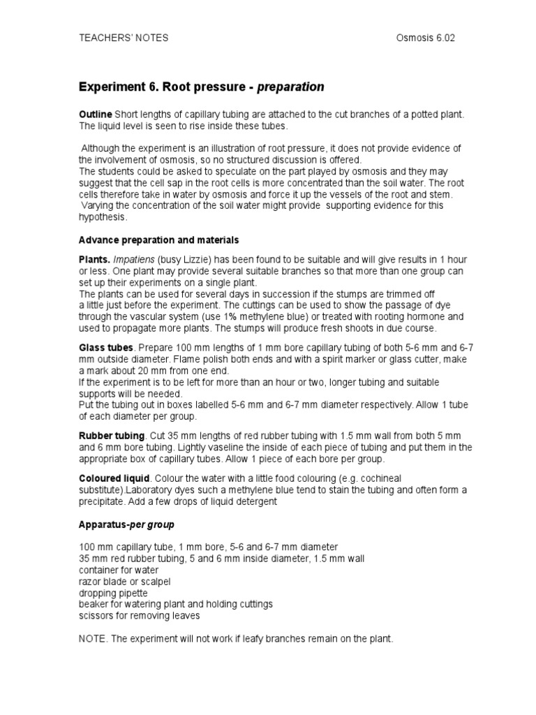 Experiment 6. Root Pressure - Preparation | PDF | Root | Osmosis