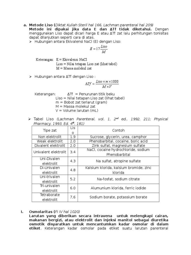 Keterangan: E Ekivalensi Nacl Liso Nilai Tetapan Liso Zat (Lihat Tabel ...