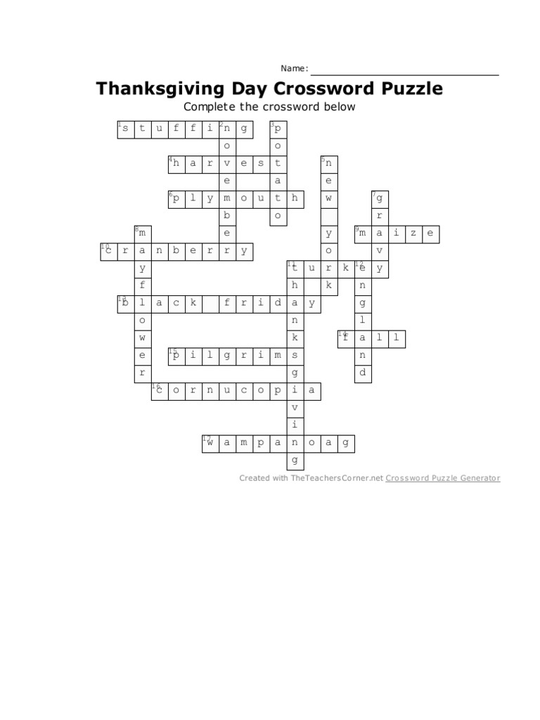 Thanksgiving Day Crossword Puzzle Key 2016 | PDF