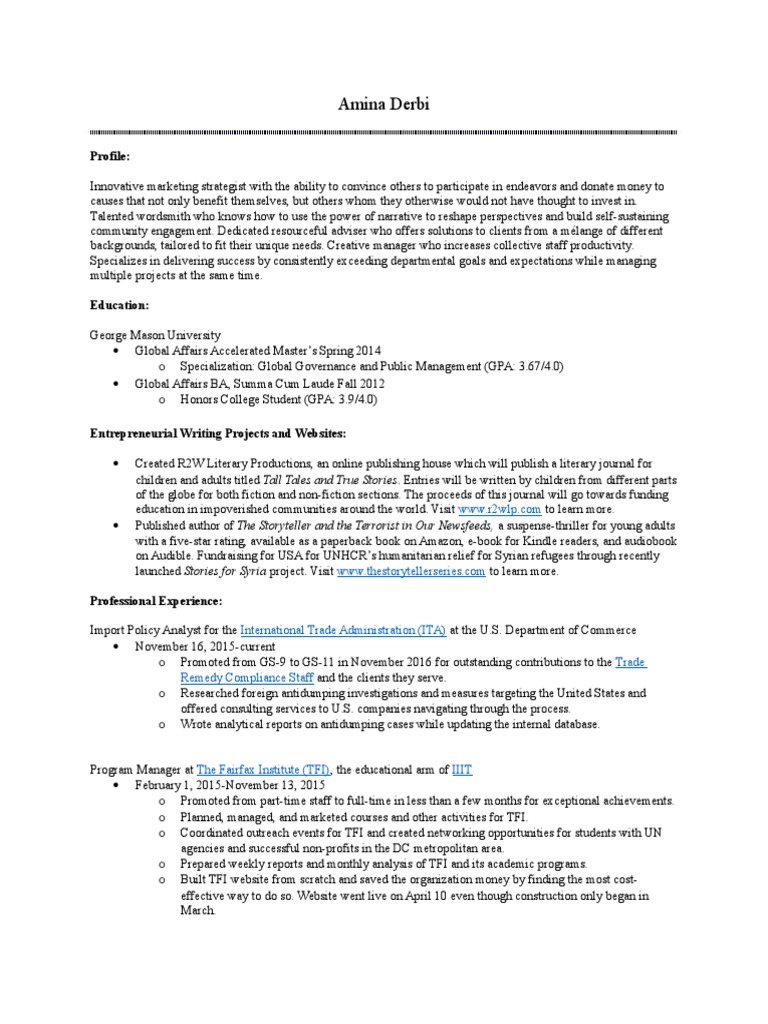 Amina Derbi Resume 2016 Weebly Version | PDF | Unrwa | Public Sphere