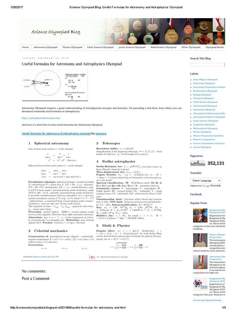 Useful Formulas For Astronomy and Astrophysics Olympiad | PDF | Sine ...