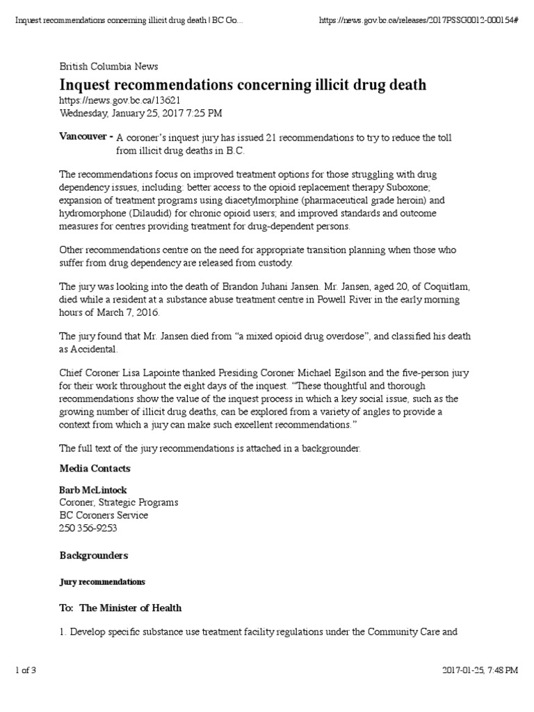 Coroners Inquest Jury Recommendations | PDF | Substance Abuse | Opioid