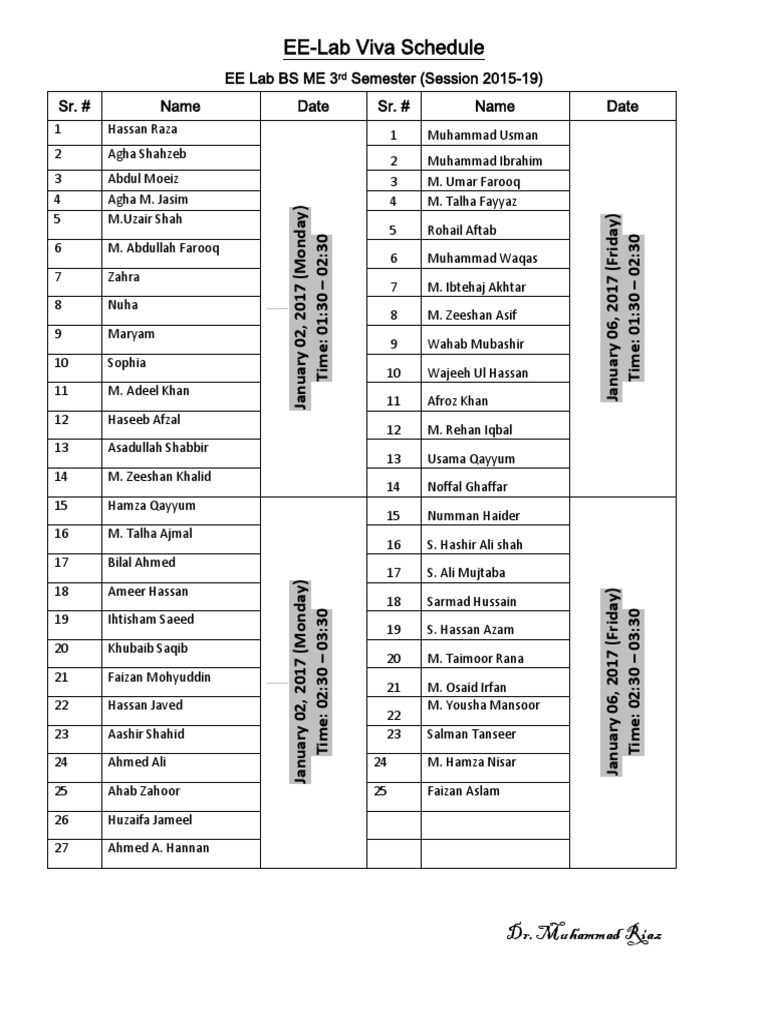 EE-Lab Viva Schedule: Eelabbsme3 Semester (Session 2015-19) Sr. # Name ...