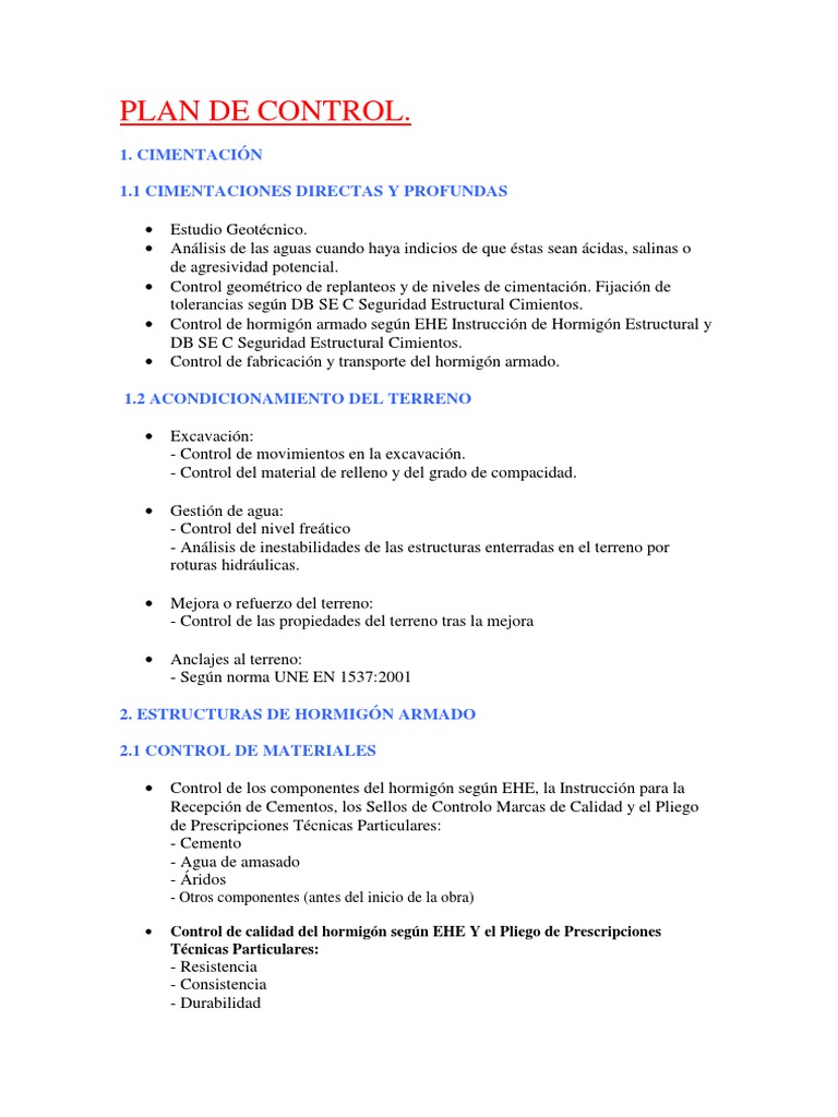 Ejemplo Plan de Control | PDF | Fundación (Ingeniería) | Calidad (comercial)