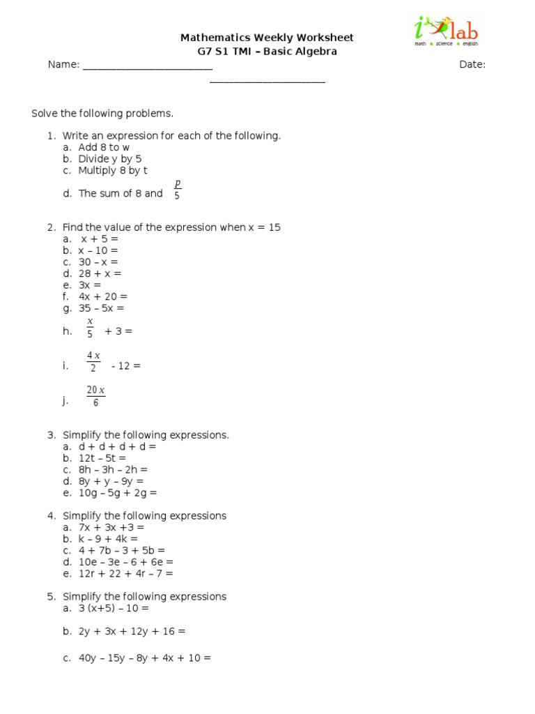 Mathematics Weekly Worksheet G7 S1 TMI Basic Algebra
