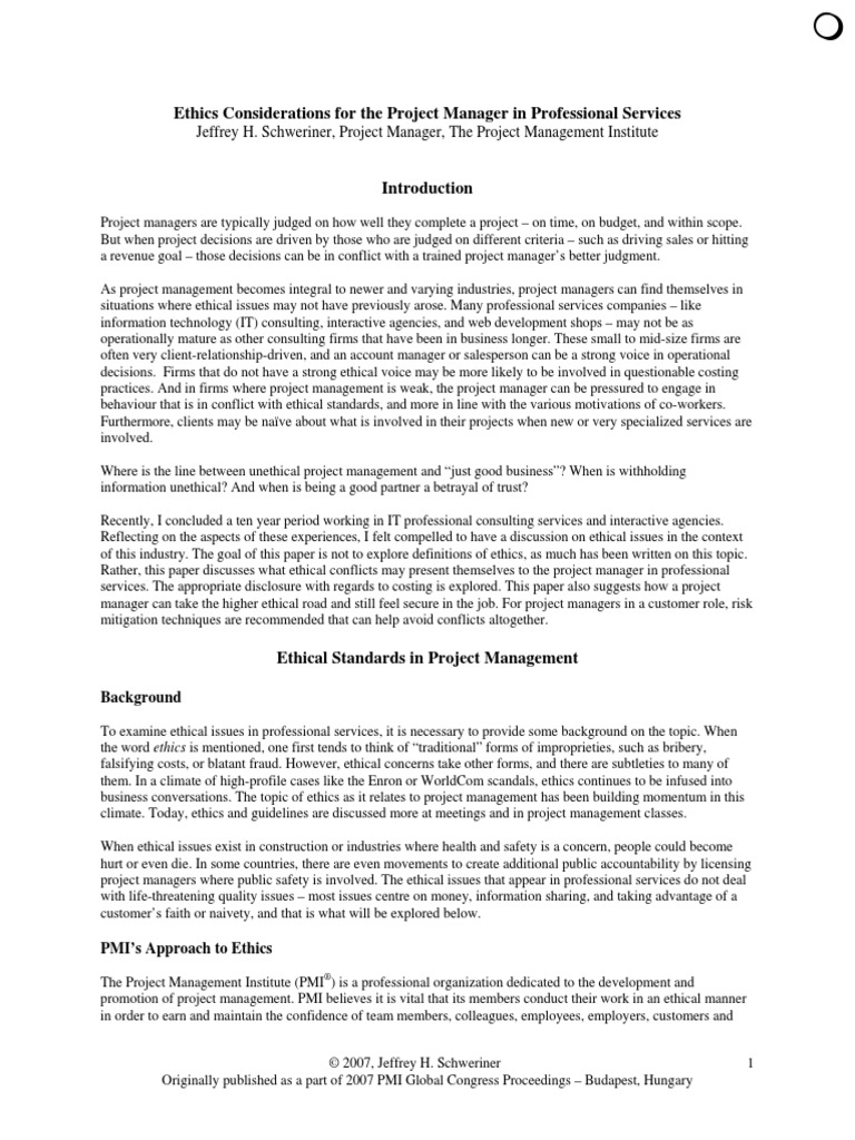 Ethics Considerations for the Project Manager in Professional Services ...