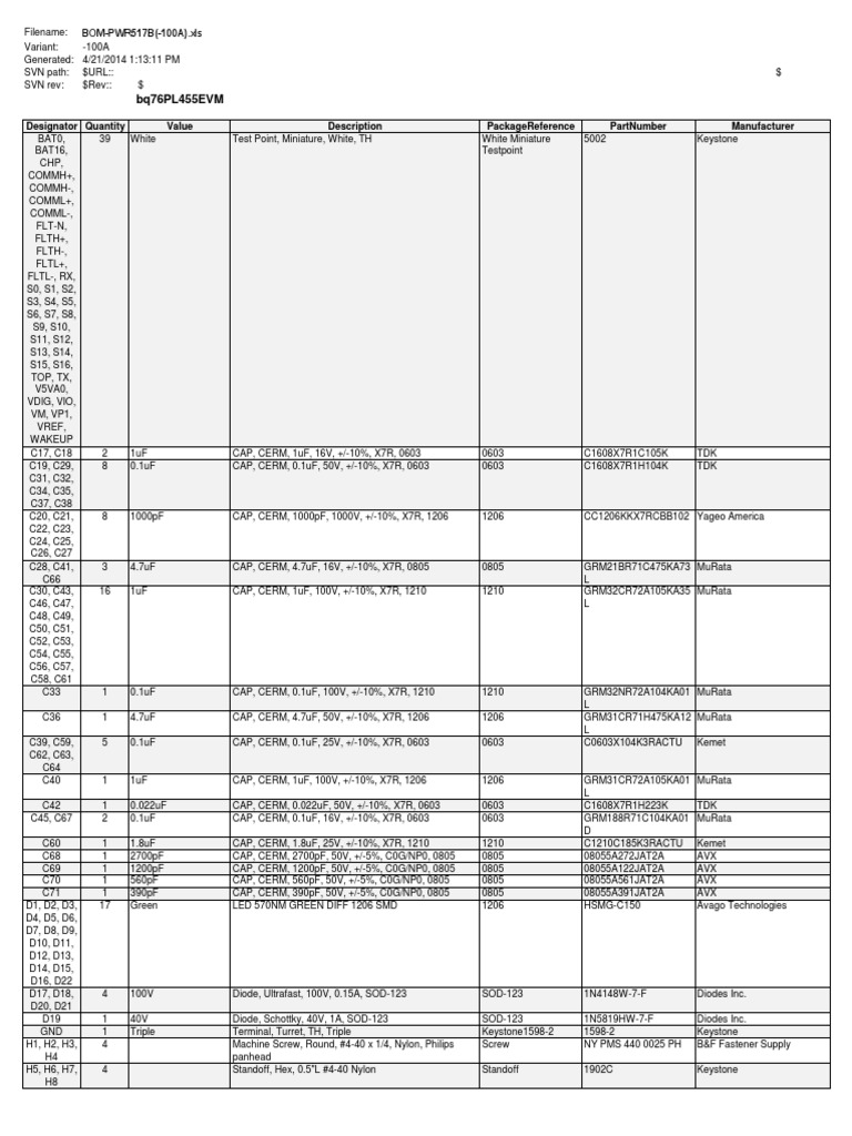 Bq76Pl455Evm: Designator Quantity Value Description Packagereference ...