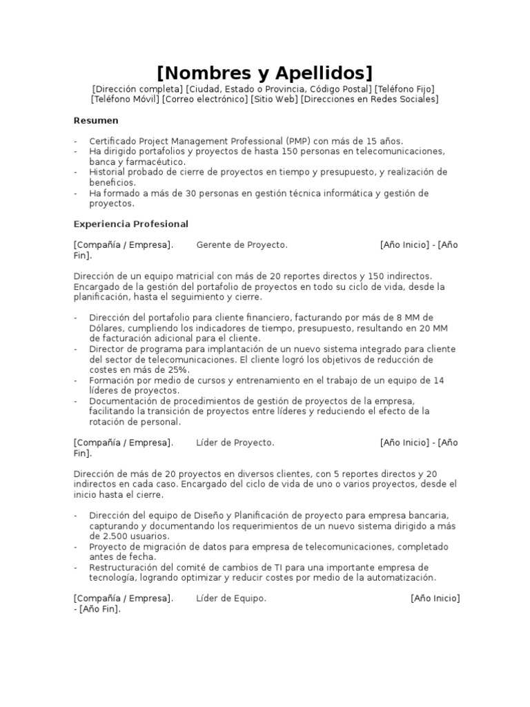 PMOInformatica Modelo de Curriculum Vitae Gerente de Proyecto (Por ... PMOInformatica Modelo de Curriculum Vitae Gerente de Proyecto (Por ...