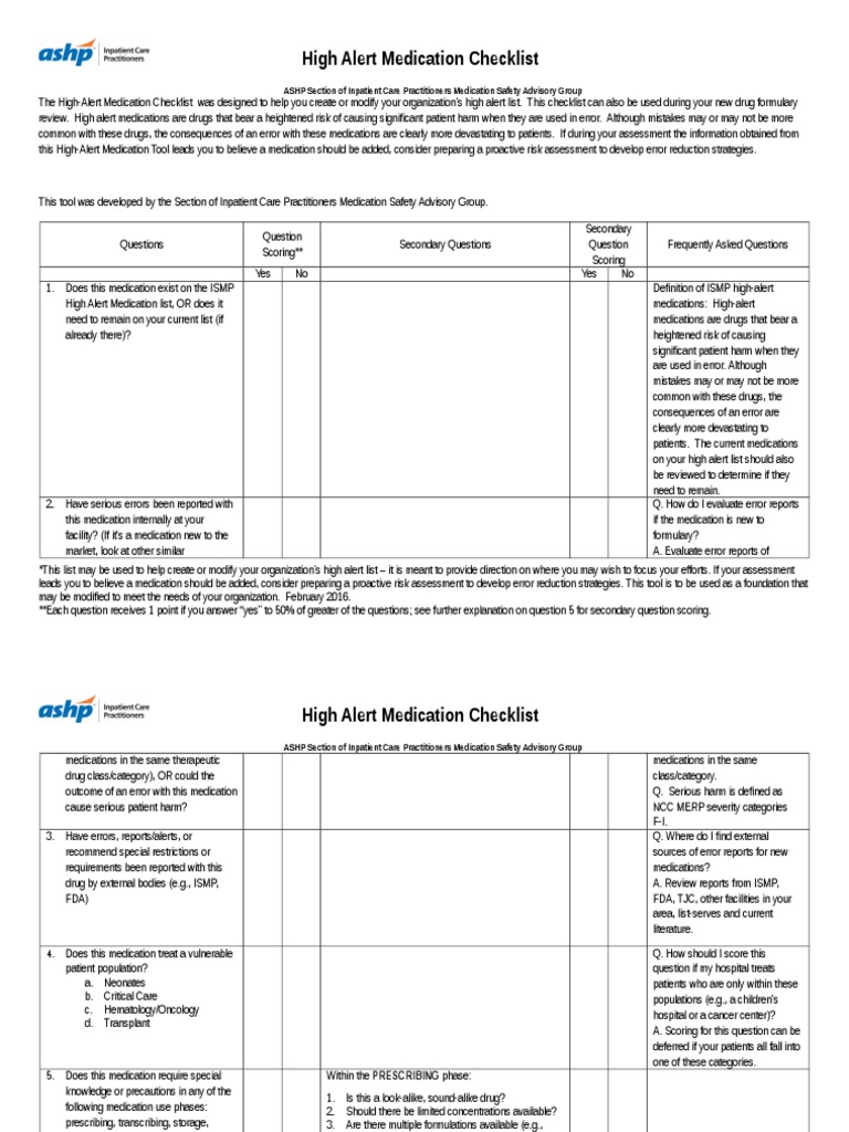High Alert Medication Checklist 2024 | PDF | Patient | Risk