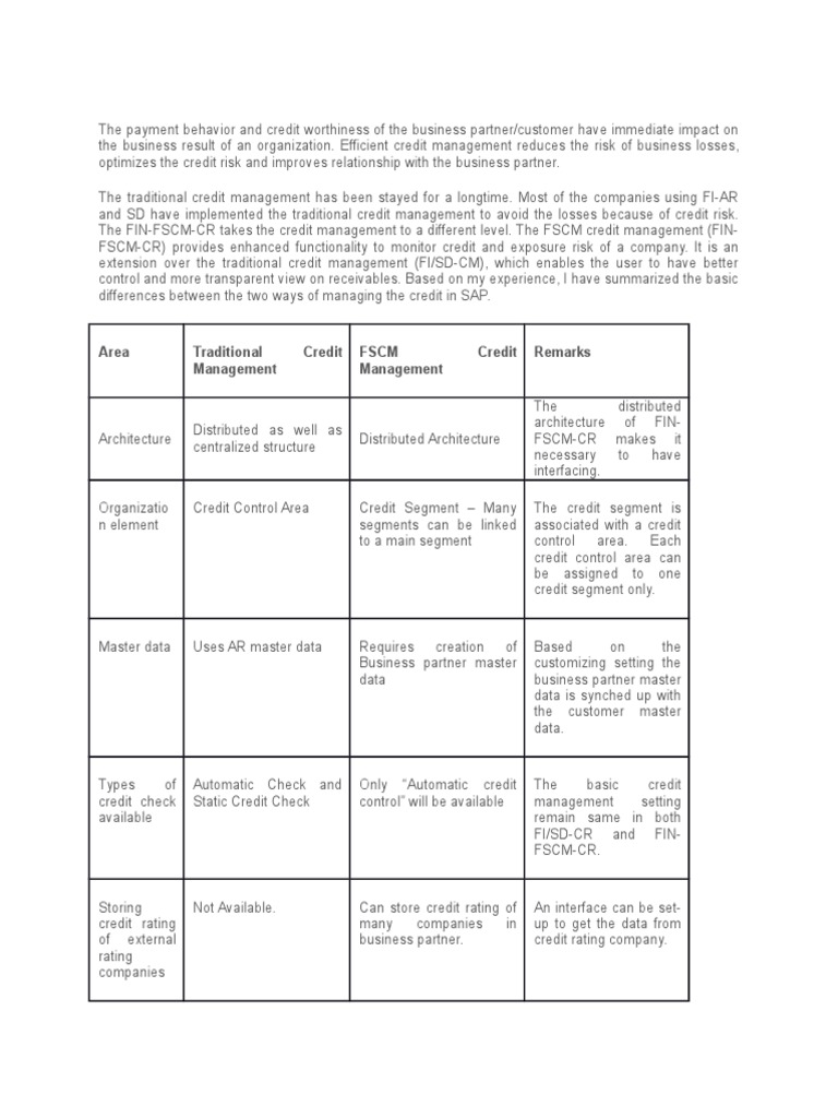 Area Traditional Credit Management FSCM Credit Management Remarks | PDF ...