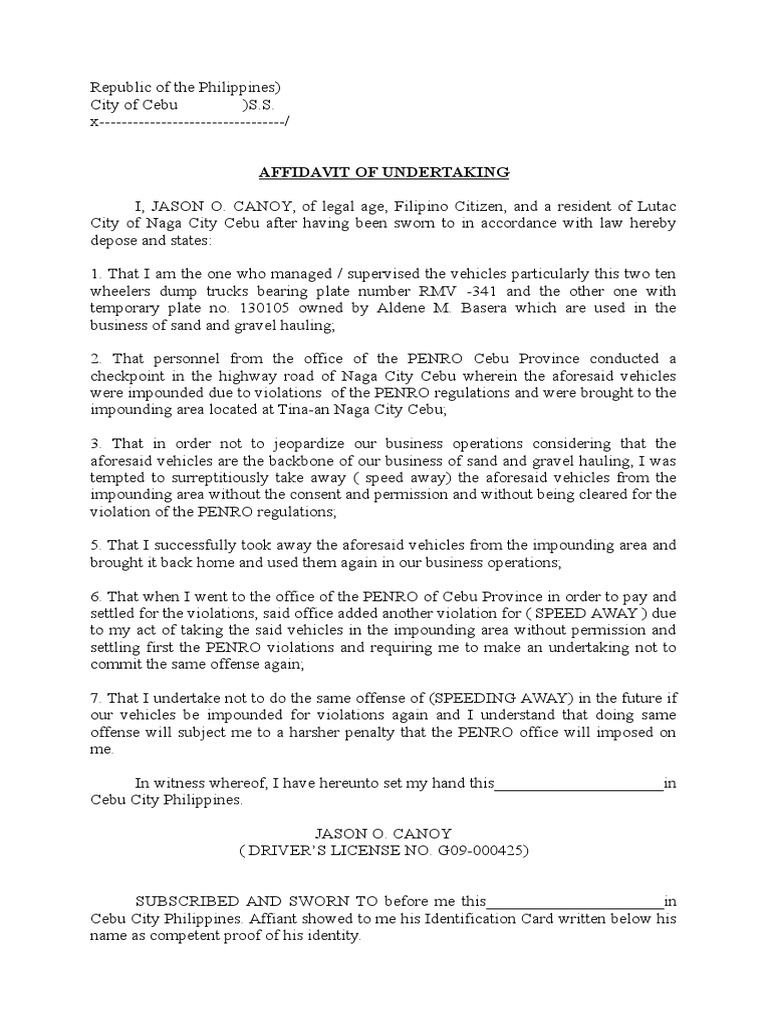Affidavit Undertaking - Jason Canoy | PDF