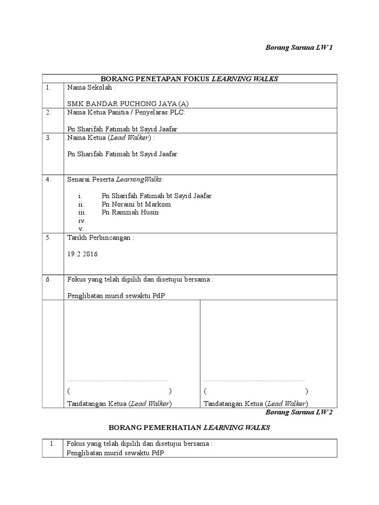Borang Learning Walks LW1 LW2 DAN LW3 | PDF