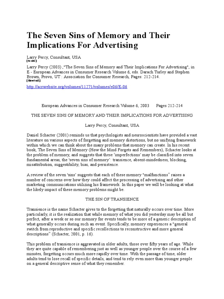 The Seven Sins of Memory and Their Implications For Advertising | PDF ...