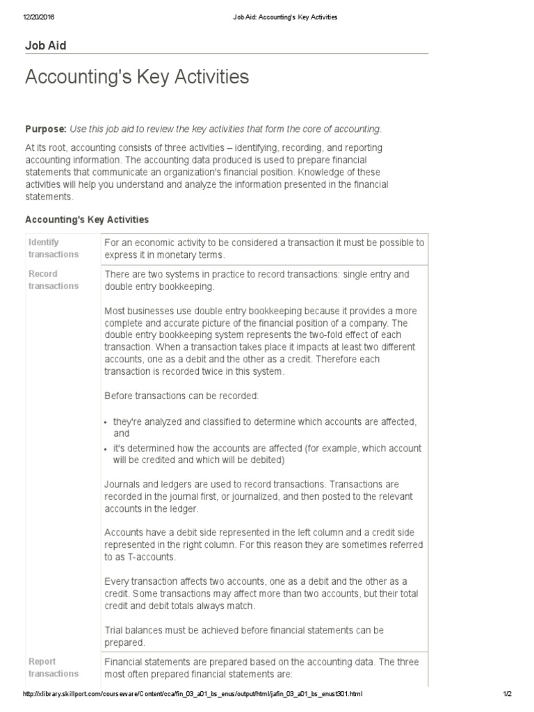 Job Aid - Accounting's Key Activities | PDF | Debits And Credits ...