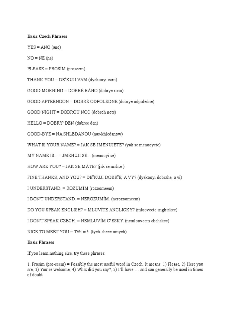 Basic Czech Phrases | PDF | Linguistics