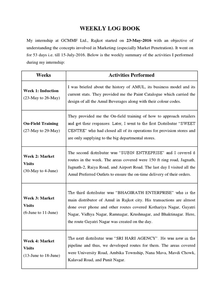 Weekly Log Book: Weeks Activities Performed | PDF | Distribution ...