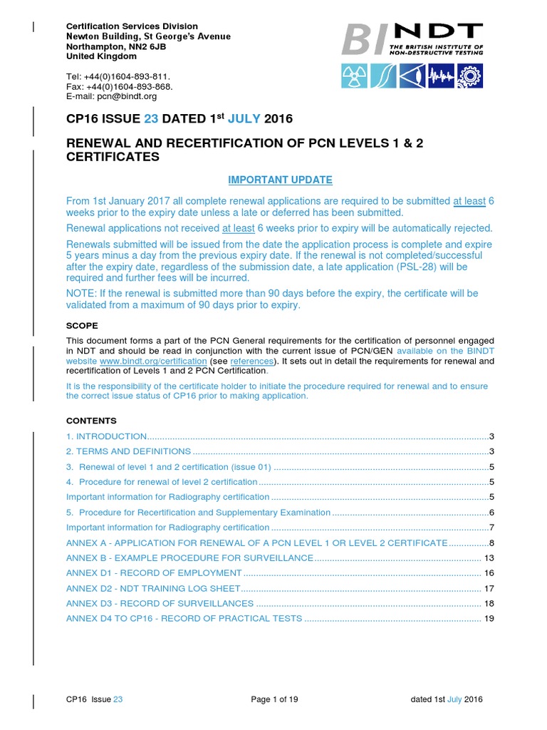 Cp16 Issue Dated 1 2016 Renewal and Recertification of PCN Levels 1 & 2 ...